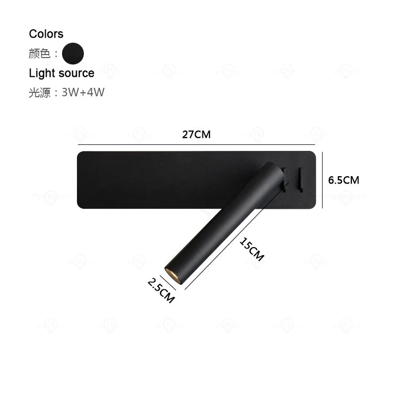 Черный скандинавский прикроватный настенный светильник, светодиодный настенный светильник для чтения в спальне, гостиная, кабинет с переключателем, вращающийся настенный светильник, Warm light 3000K, BLACK, Черный