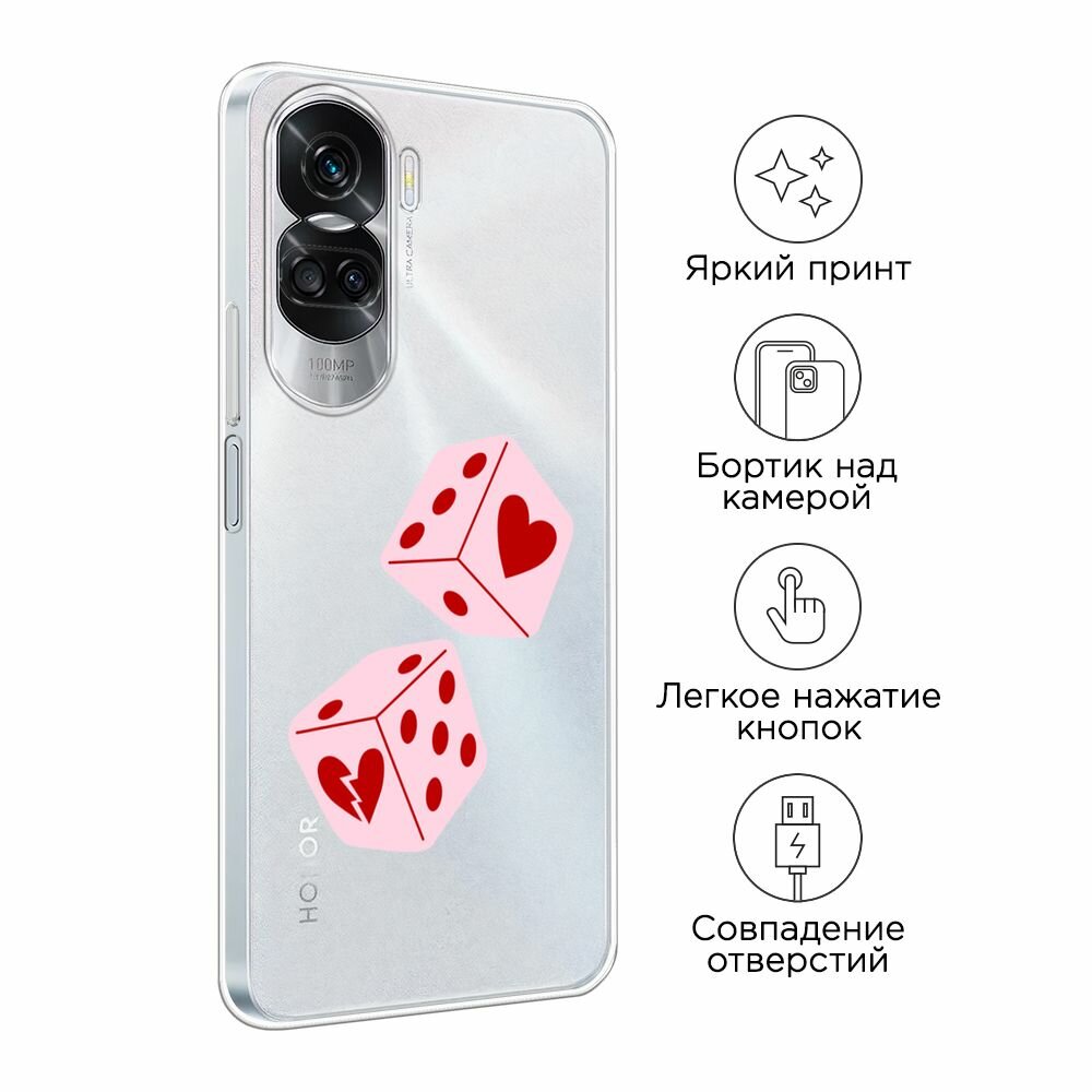Чехол на Honor 90 Lite / Хонор 90 Лайт с принтом "Игральные кубики любви - 14 февраля", прозрачный — фото 1
