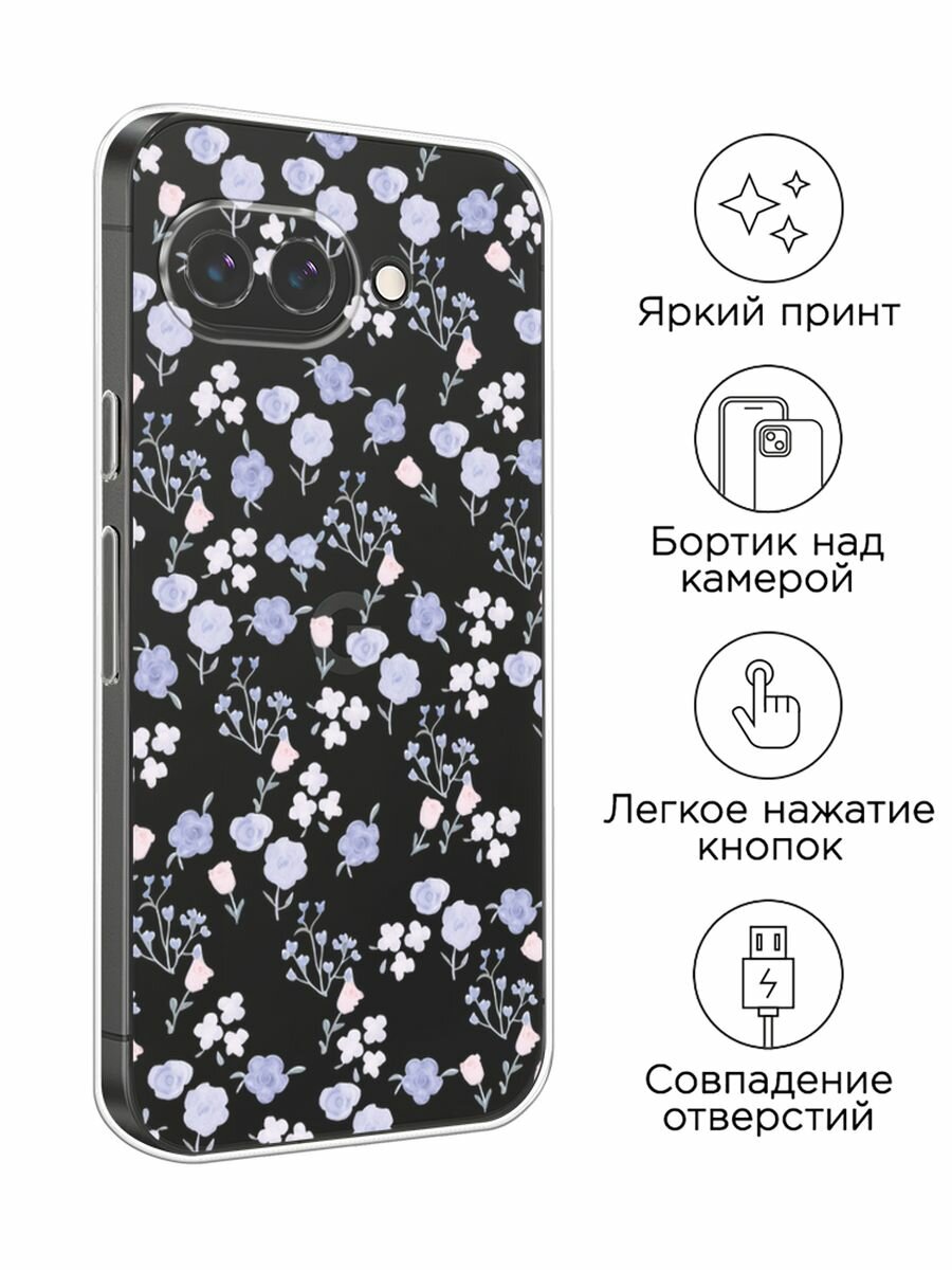 Чехол на Google Pixel 9a / Гугл Пиксель 9a с принтом "Сиреневые розы паттерн", прозрачный — фото 1