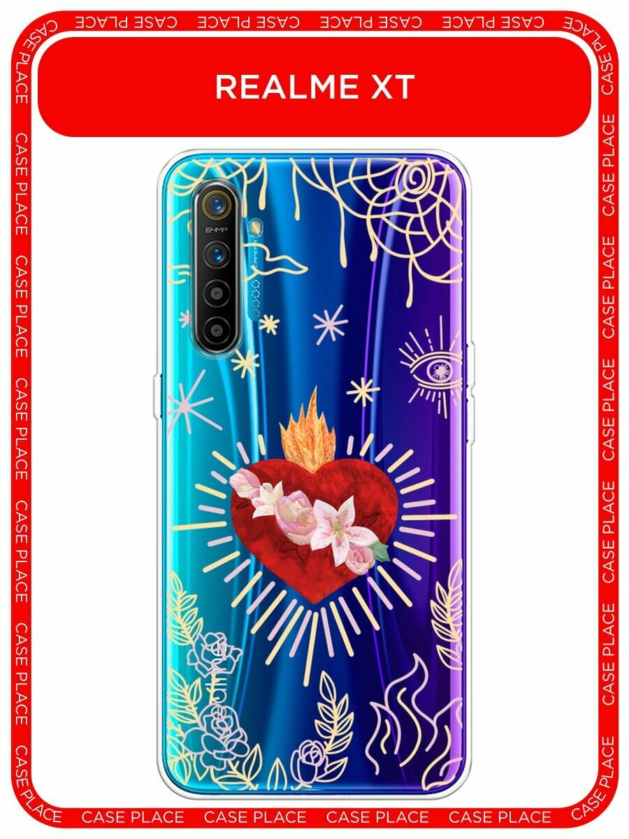 Чехол на Realme XT / Реалми XT с принтом "Сердце в цветах", прозрачный