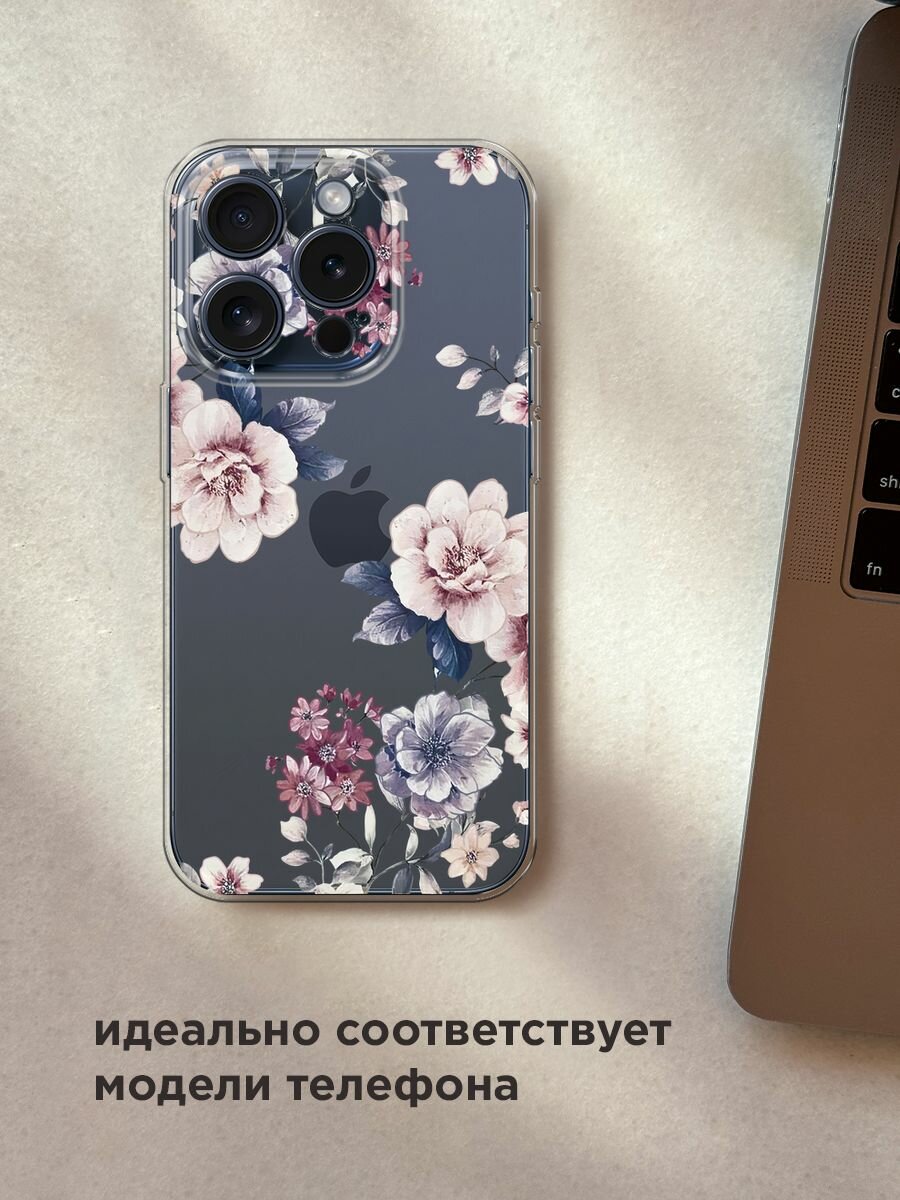 Чехол на Apple iPhone 15 Pro / Айфон 15 Про с принтом "Нежные винтажные цветы", прозрачный — фото 1