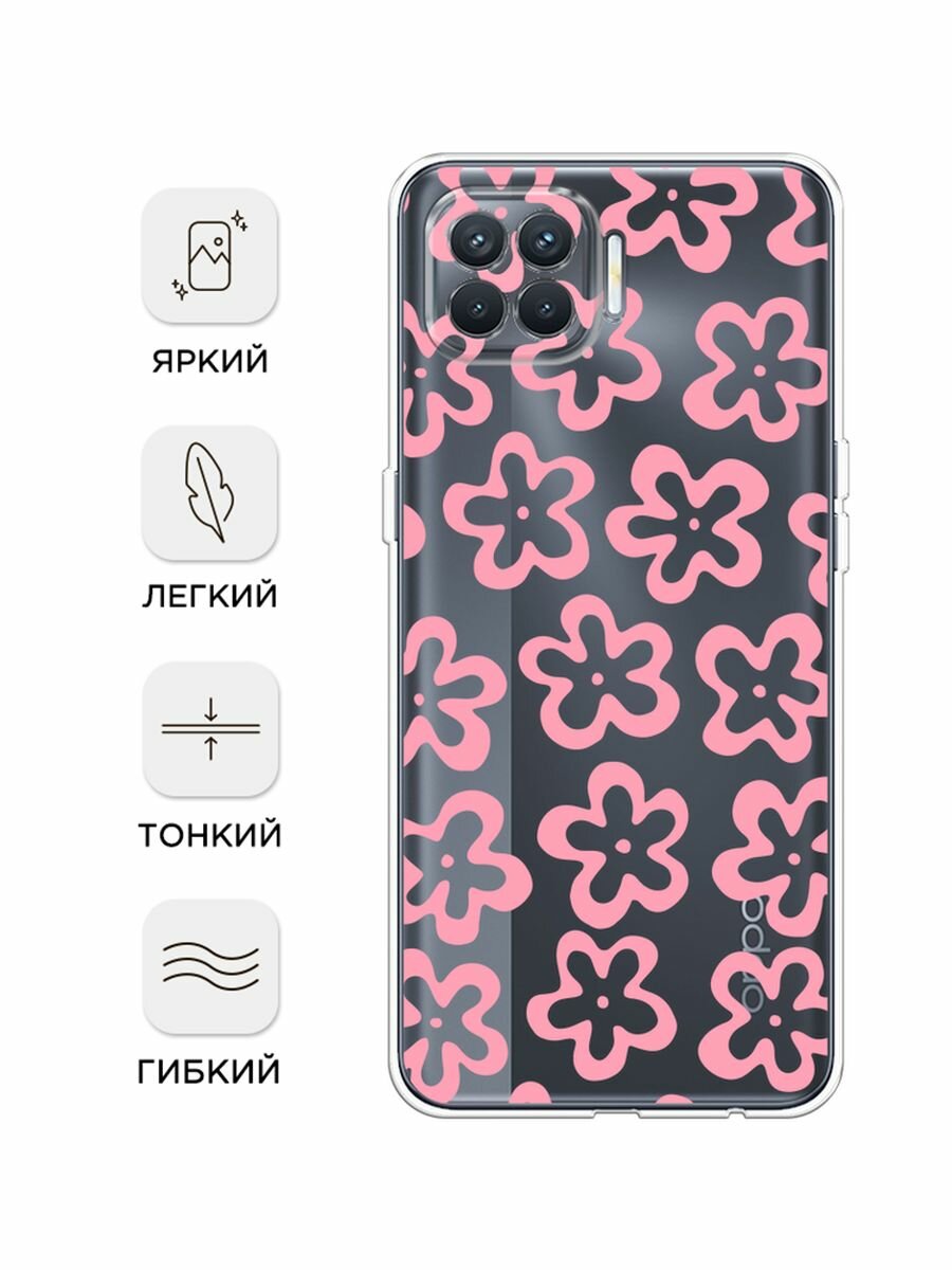 Чехол на Oppo Reno 4 Lite/A93 / Оппо Reno 4 Lite/А93 с принтом "Простые розовые цветочки", прозрачный — фото 1