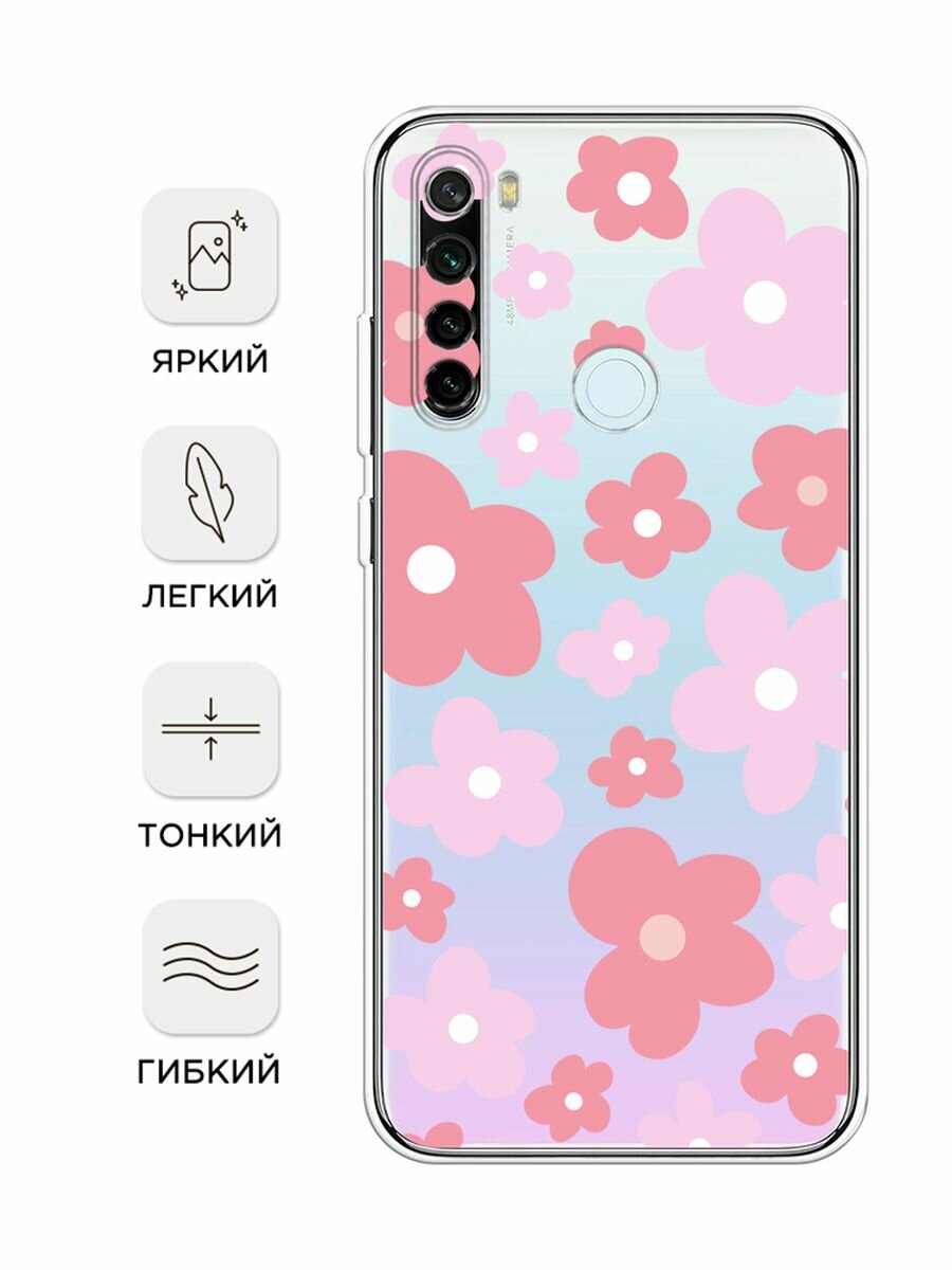 Чехол на Xiaomi Redmi Note 8T / Сяоми Редми Нот 8Т с принтом "Нежные розовые цветочки рисунок", прозрачный — фото 1