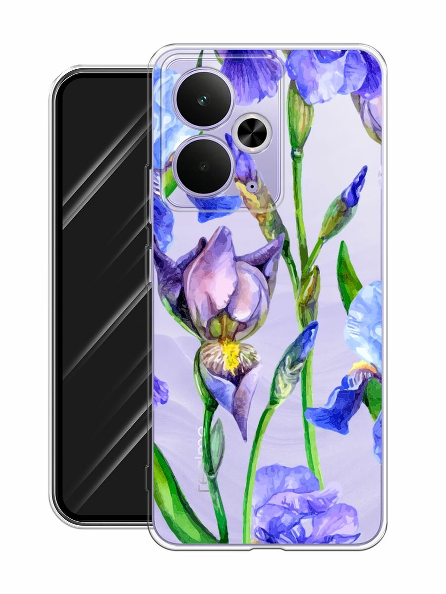 Чехол на Realme 14T / Реалми 14Т с принтом "Синие ирисы", прозрачный — фото 1