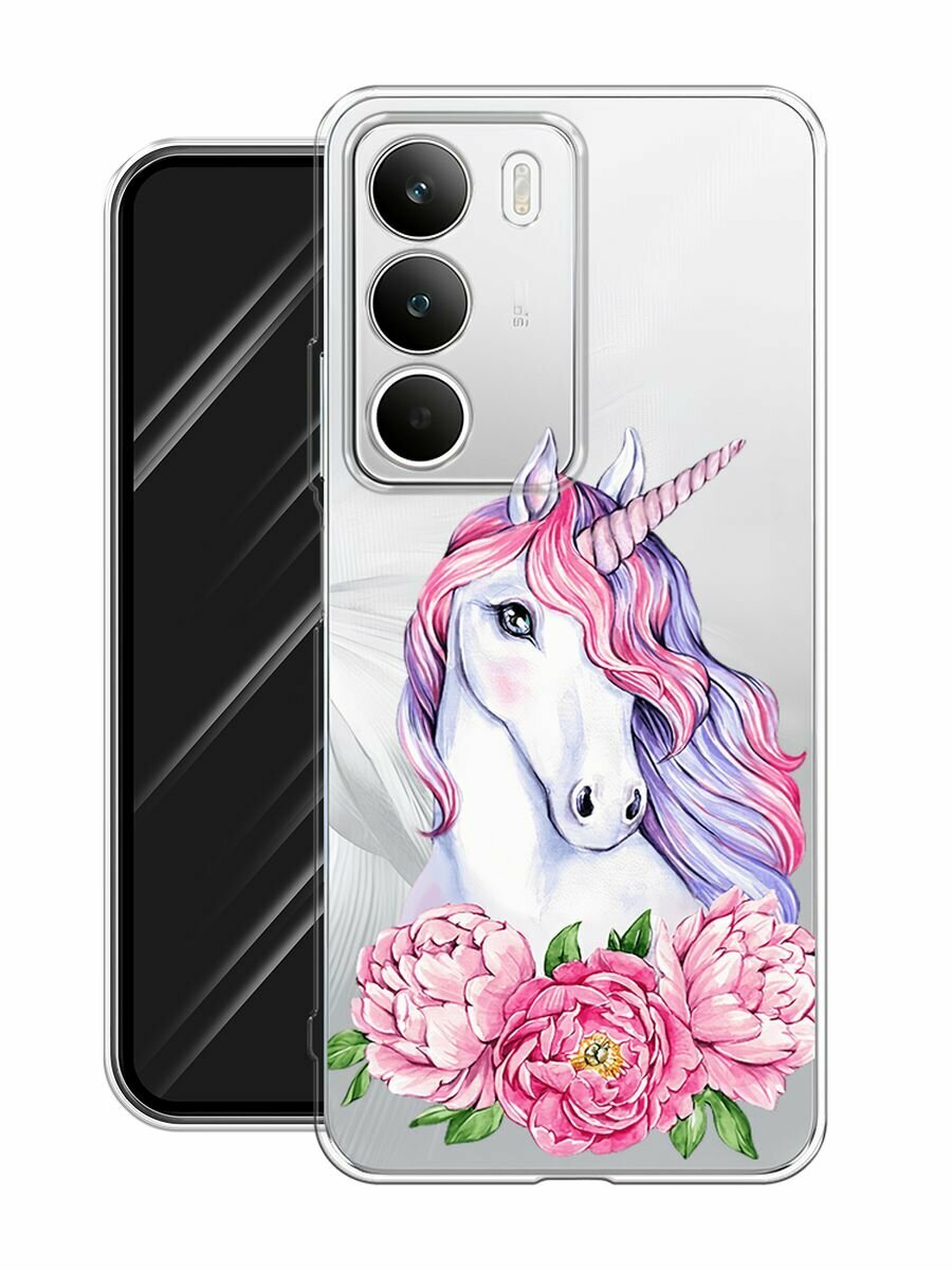Чехол на Realme C71/P3 Lite 4G / Реалми С71/P3 Лайт 4G с принтом "Единорог с пионами", прозрачный — фото 1