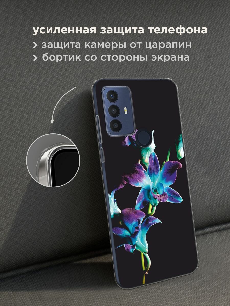 Чехол на TCL 30E/30 SE/305/306 / ТСЛ 30E с принтом "Синий цветок на черном" — фото 1