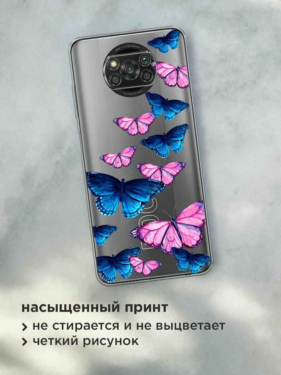 Чехол на Xiaomi Poco X3/X3 Pro / Поко X3/X3 Pro с принтом "Взлетающие бабочки", прозрачный — фото 1
