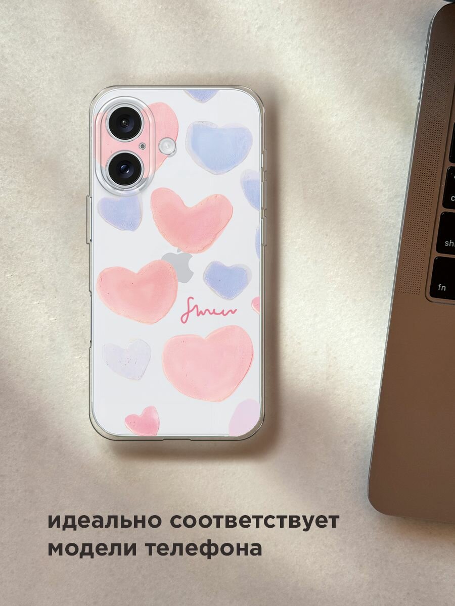 Чехол на Apple iPhone 16 / Айфон 16 с принтом "Пастельные сердечки", прозрачный — фото 1