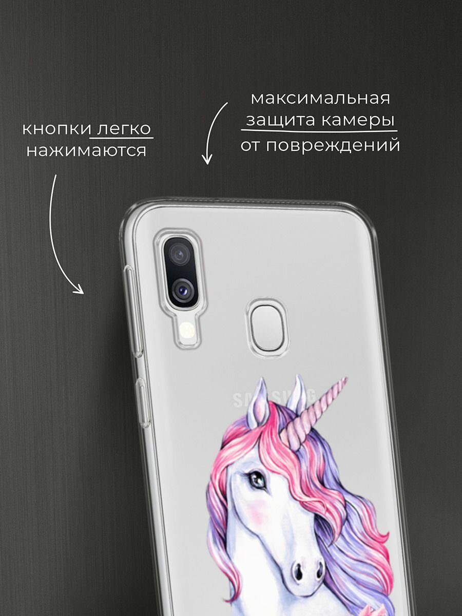 Чехол на Samsung Galaxy A40 / Самсунг Галакси А40 с принтом "Единорог с пионами", прозрачный — фото 1