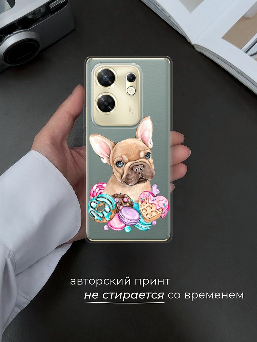 Чехол на Infinix Zero 30 4G / Инфиникс Зеро 30 4G с принтом "Бульдог и сладости", прозрачный — фото 1