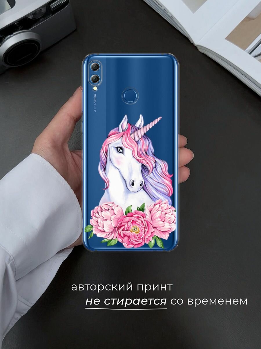 Чехол на Honor 8X / Хонор 8Х с принтом "Единорог с пионами", прозрачный — фото 1