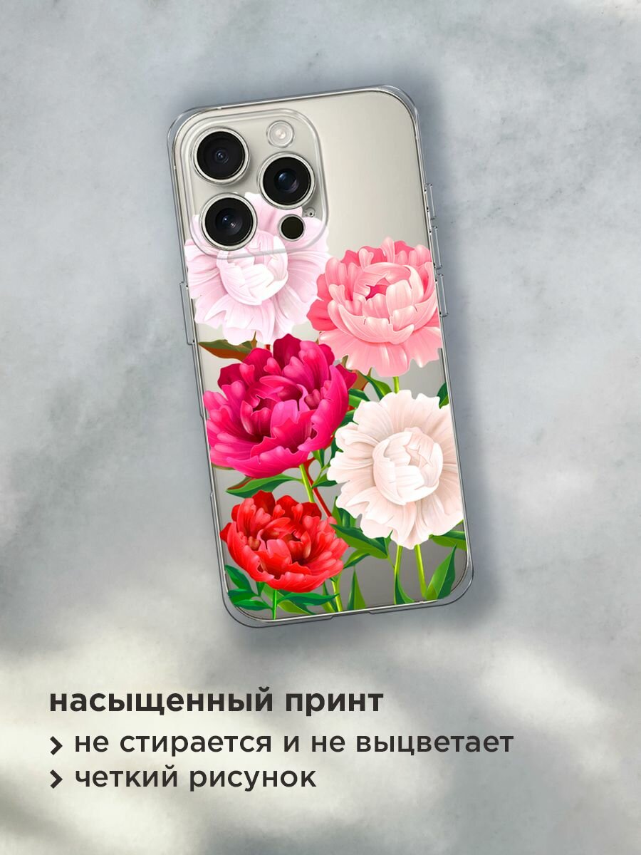 Чехол на Apple iPhone 16 Pro / Айфон 16 Про с принтом "Большие пионы", прозрачный — фото 1
