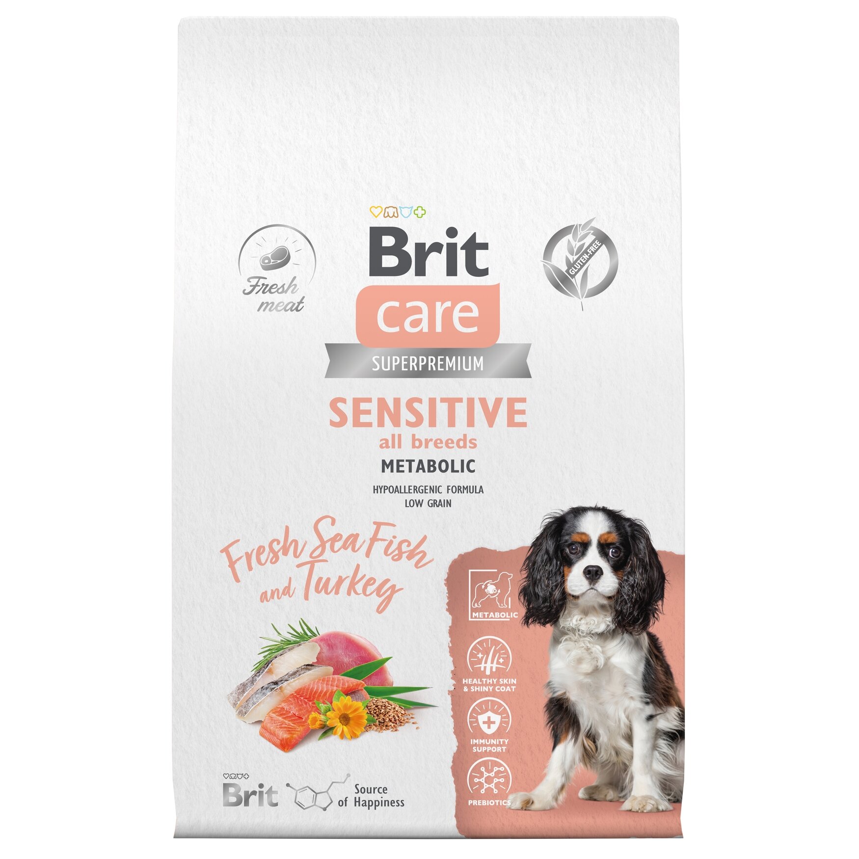 Сухой корм Brit Care Dog Adult Sensitive Metabolic для собак для улучшения обмена веществ Морская рыба и индейка, 12 кг.