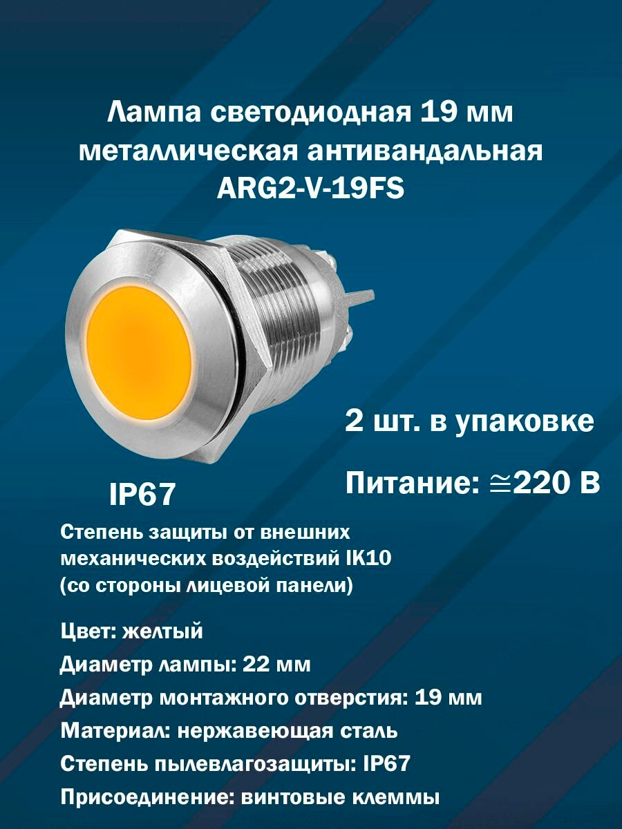 Лампа светодиодная 19 мм металлическая антивандальная ARG2-V-19FS (желтый, IP67, AC/DC220V) 2шт. в упаковке