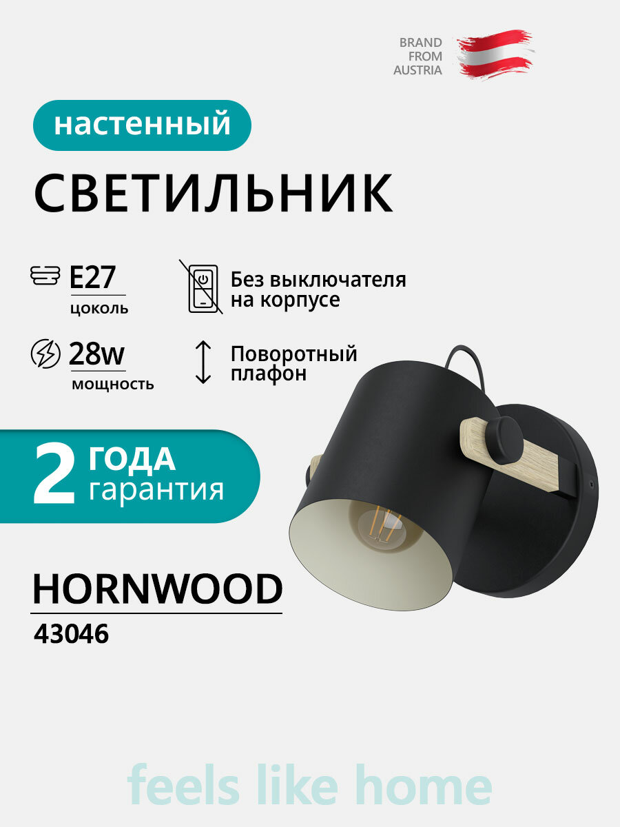 Светильник EGLO HORNWOD 43046, E27, мощность 28 Вт, чёрный, лофт