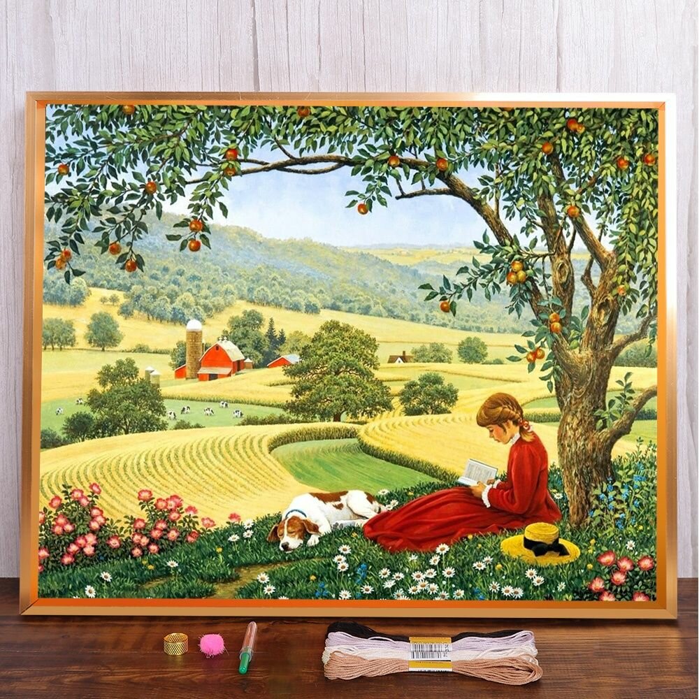 Эксклюзивный набор для вышивания 40x30 см MEIAN, сюжет девочка под деревом на холсте 14CT