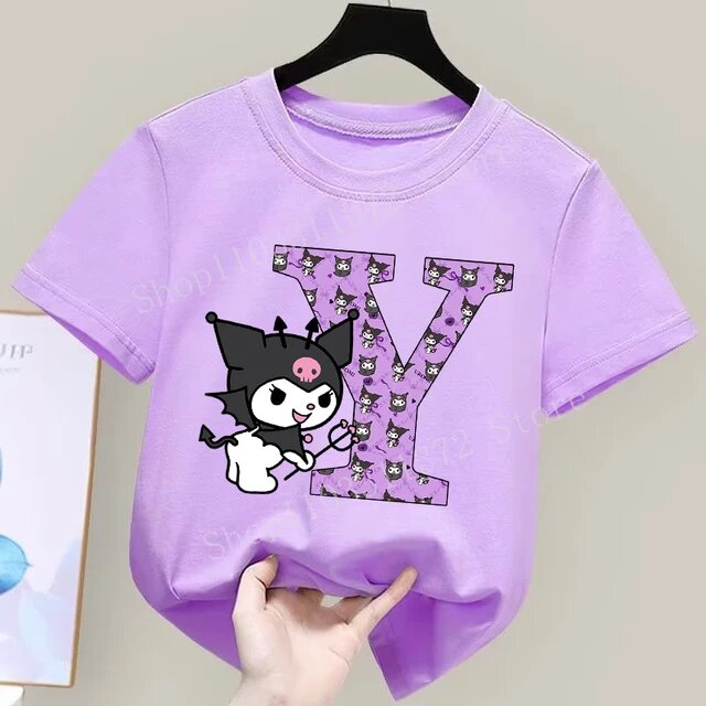 Детская футболка Sanrio Kuromi с милым мультяшным принтом в виде букв AZ и аниме, модная одежда для девочек, топы из хлопка с короткими рукавами для малышей, Размер:130