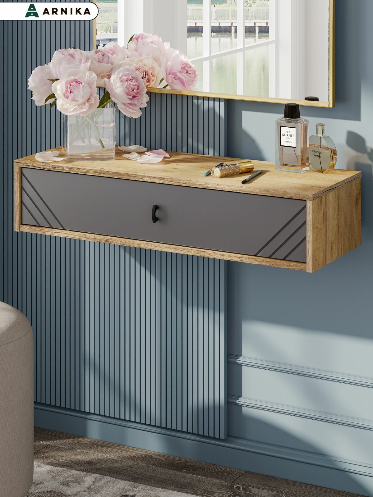 ARNIKA Туалетный столик подвесной Байкал, 90.2х33.1х19.8 см, дуб золотой, графит