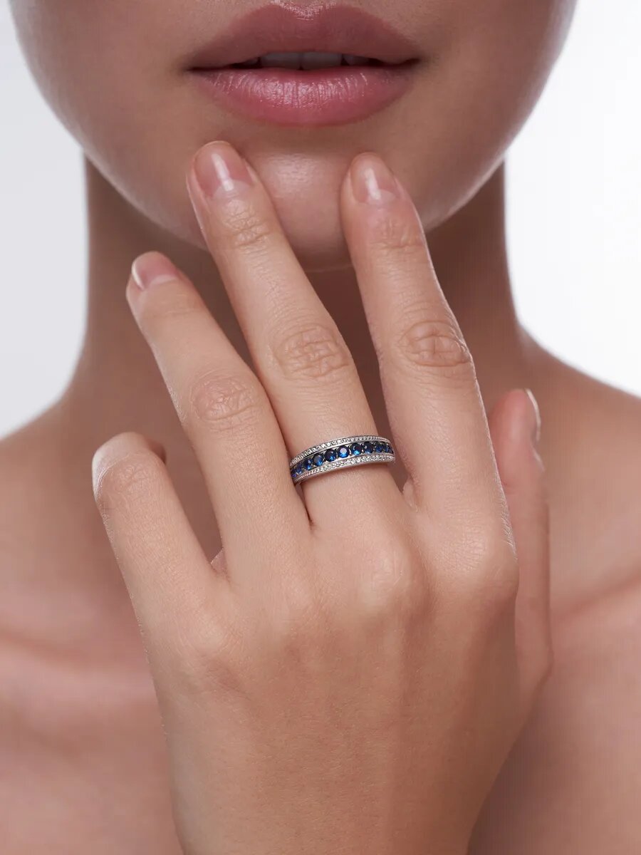 Кольцо тонкое, дорожка, серебро, 925 проба, родирование, фианит