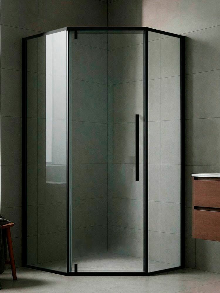 Душевой уголок трапеция Royal Bath FATO 100x100x200, стекло 6 мм, распашной, без поддона, универсальный монтаж, чёрный матовый