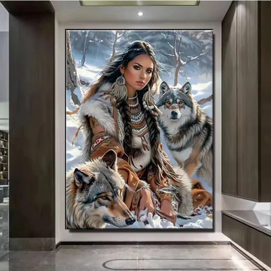 Алмазная живопись "Индийская женщина и волк", Calvert Square Drill 70x55cm