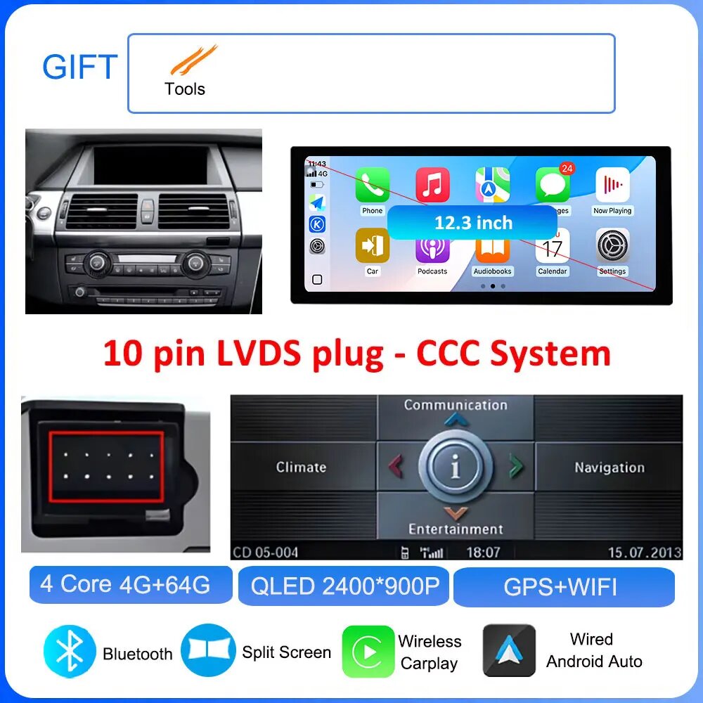 12,3 "для BMW X5 E70 X6 E71 2008 2009 2010-2013 CCC/CIC Android 15 System 4G BT Carplay Автомобильный радиоприемник Видеоплеер GPS Navi WiFi CCC 4G 64G