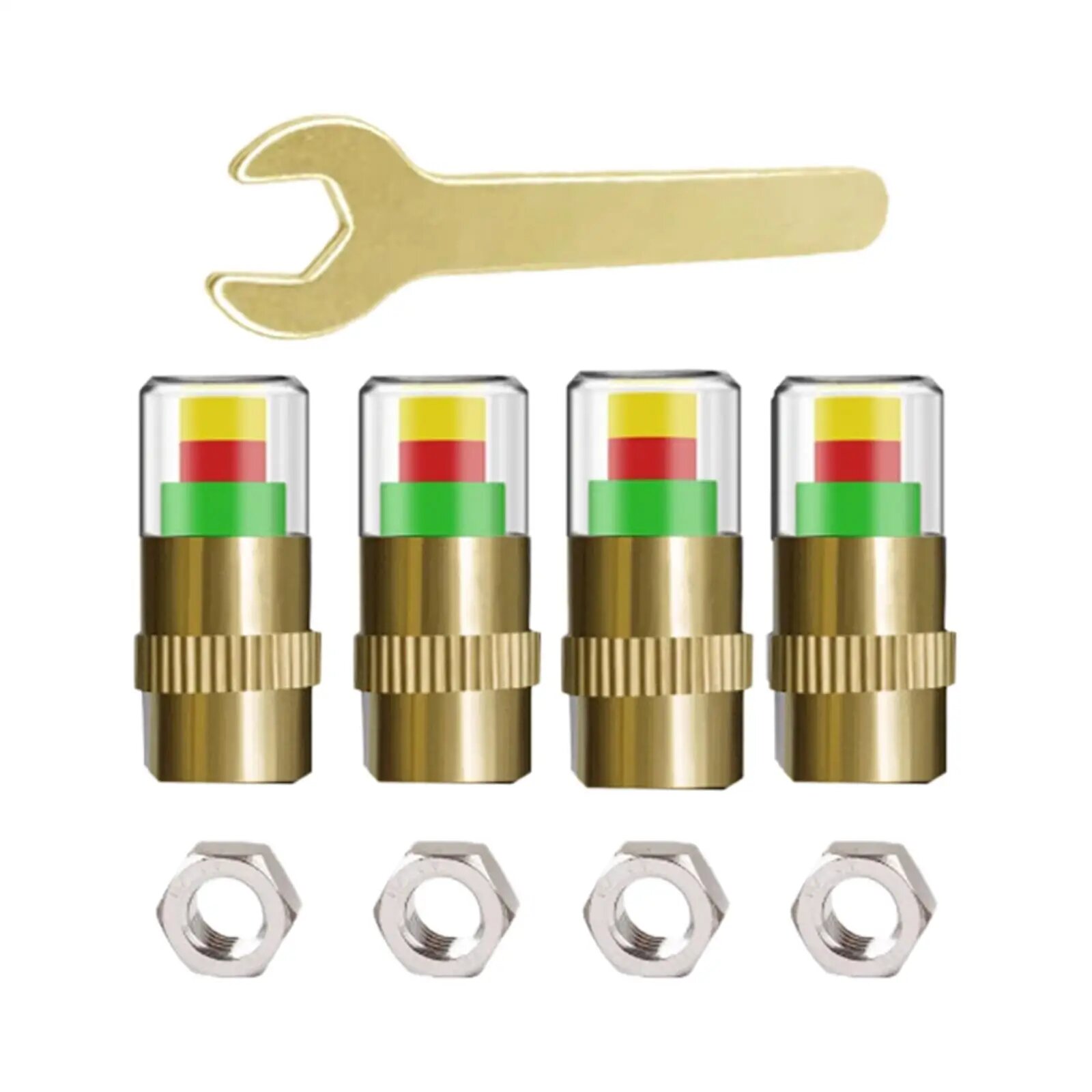 4 шт, крышки клапанов монитора давления в автомобильных шинах, индикатор датчика, 3 цвета с гайками, гаечный ключ, колпачки воздушных клапанов 2,4 бар для велосипедов, автомобилей