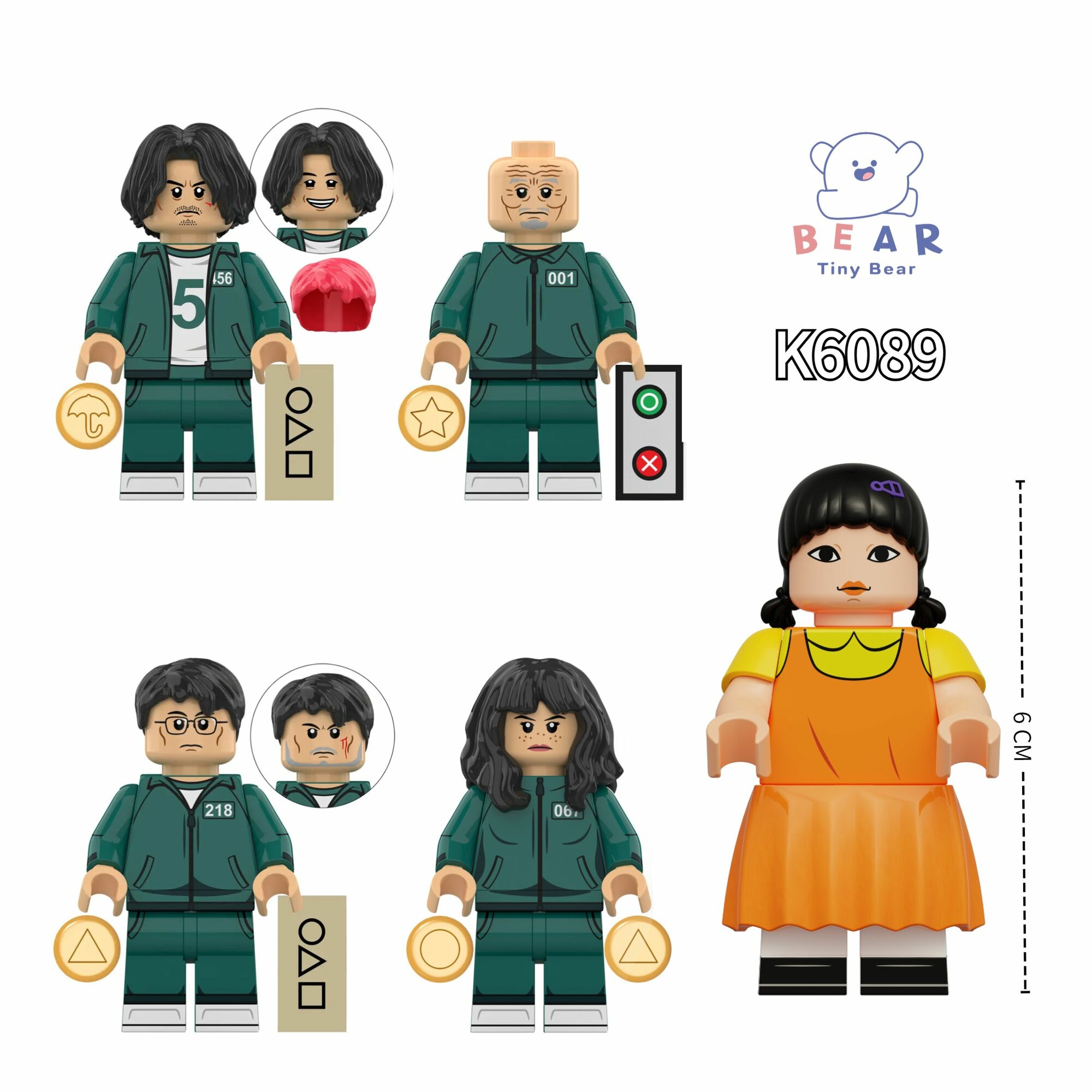 Модель минифигурки игрока в кальмара № 001, модель игрока в кальмара № 456, Деревянный человечек, совместимы с легo конструкторами