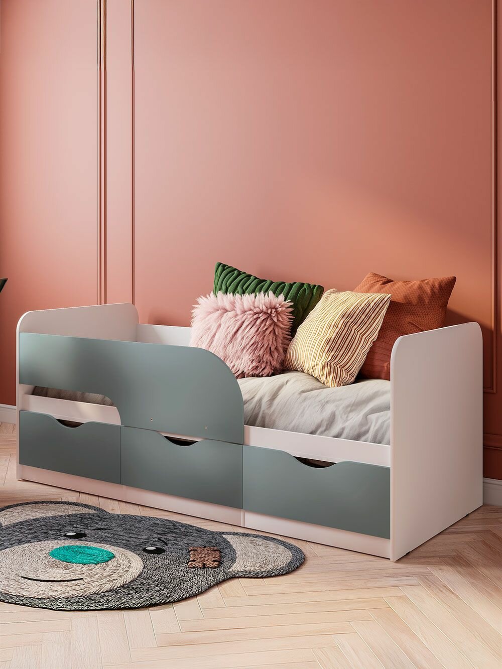 Детская кровать Комфорт 80х186 см, с ящиками, с бортиком, с основанием настил, Белый / Шарли бриз