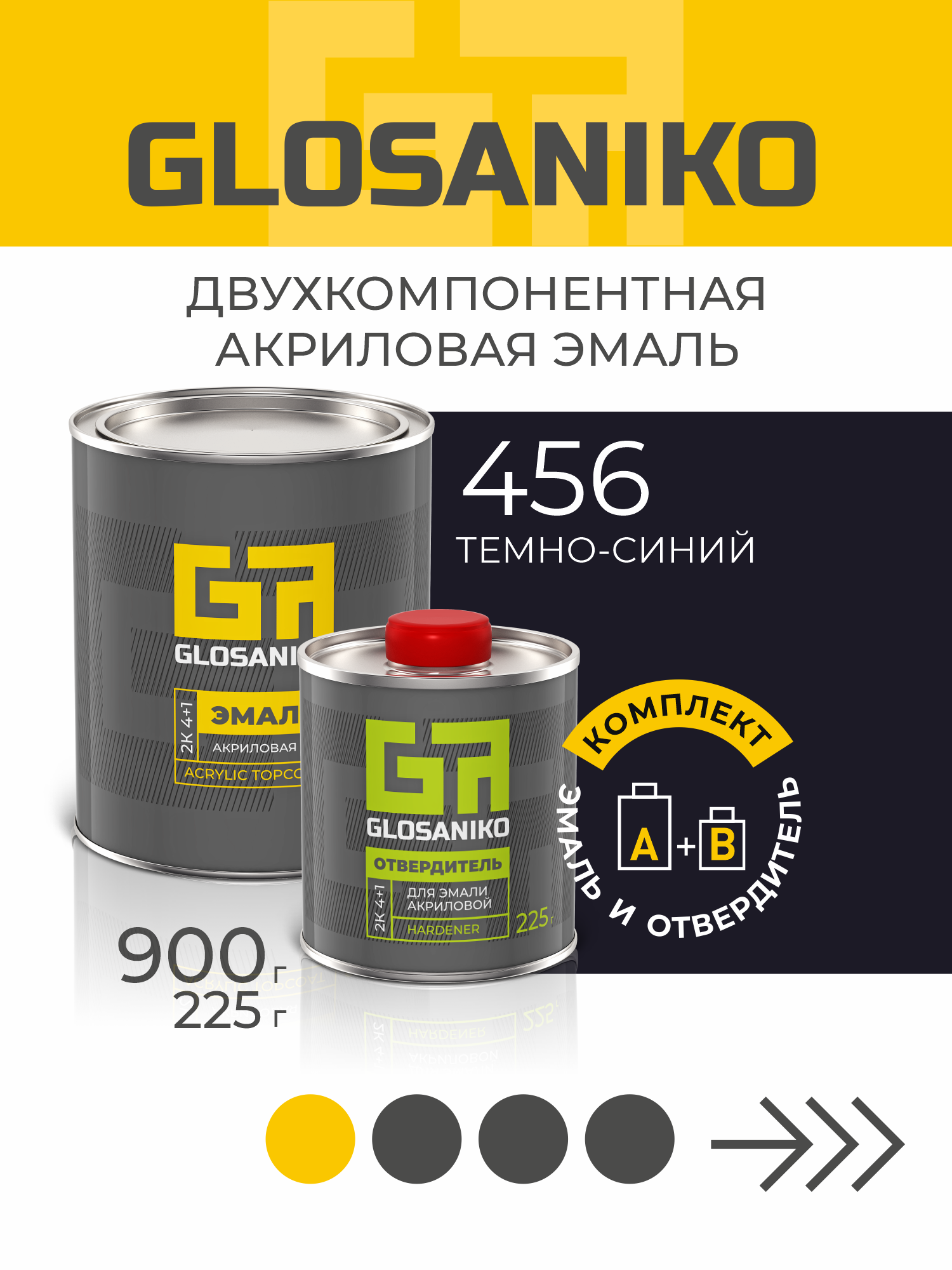 Тёмно-синий 456, комплект эмаль 0,9кг + отвердитель 0,225кг, Glosaniko Акриловая эмаль 2К 4:1