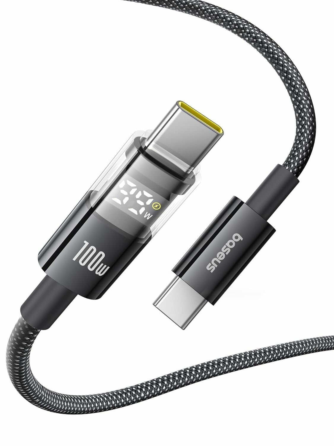 Кабель Baseus USB C, 100 Вт, быстрая зарядка 5А, с LED дисплеем, цинковый сплав, нейлоновая оплетка, для iPhone 16 Pro Max, MacBook, iPad Pro, Galaxy S24 S23 — — 1m