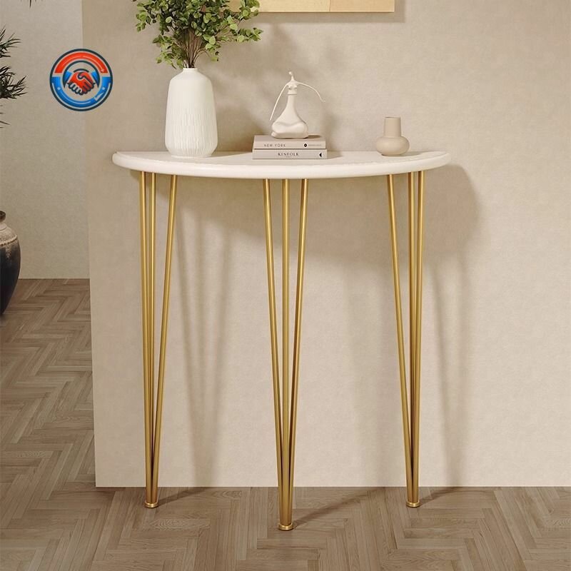 Полукруглая консоль в прихожую с сосновой столешницей, золотыми ножками и железной подставкой, компактный столик для ключей и декора, стильная мебель для узкого коридора