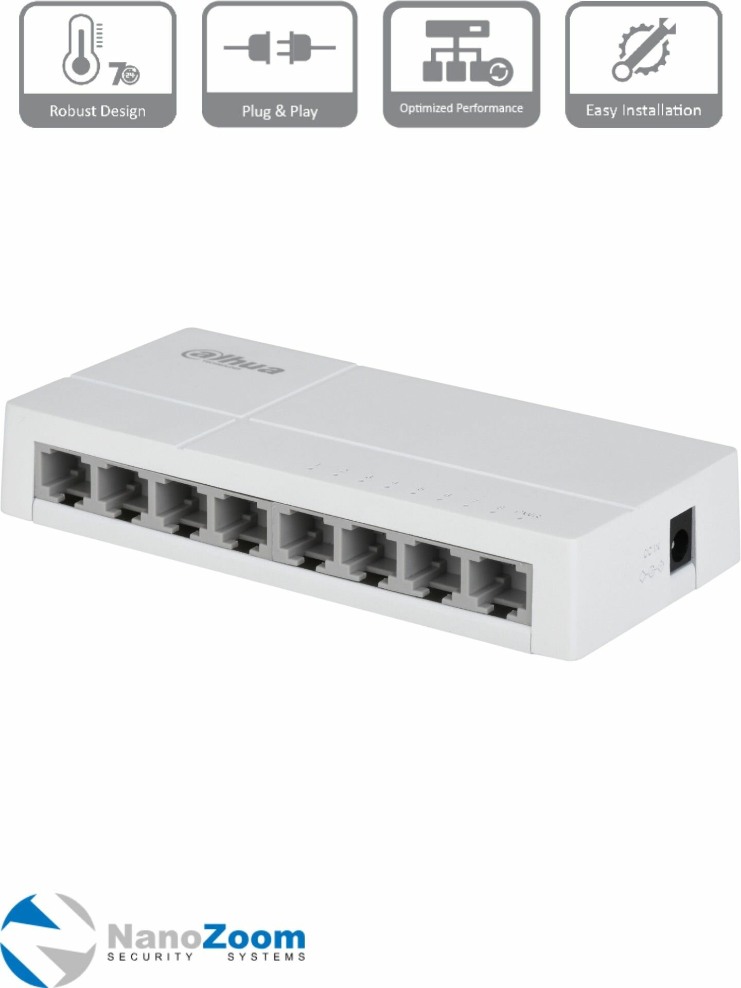 Dahua DH-SF1008L - коммутатор сетевой 8 портовый неуправляемый, 8x10/100 Base-T, коммутация 1.6 Гбит/с, MAC-таблица 2K