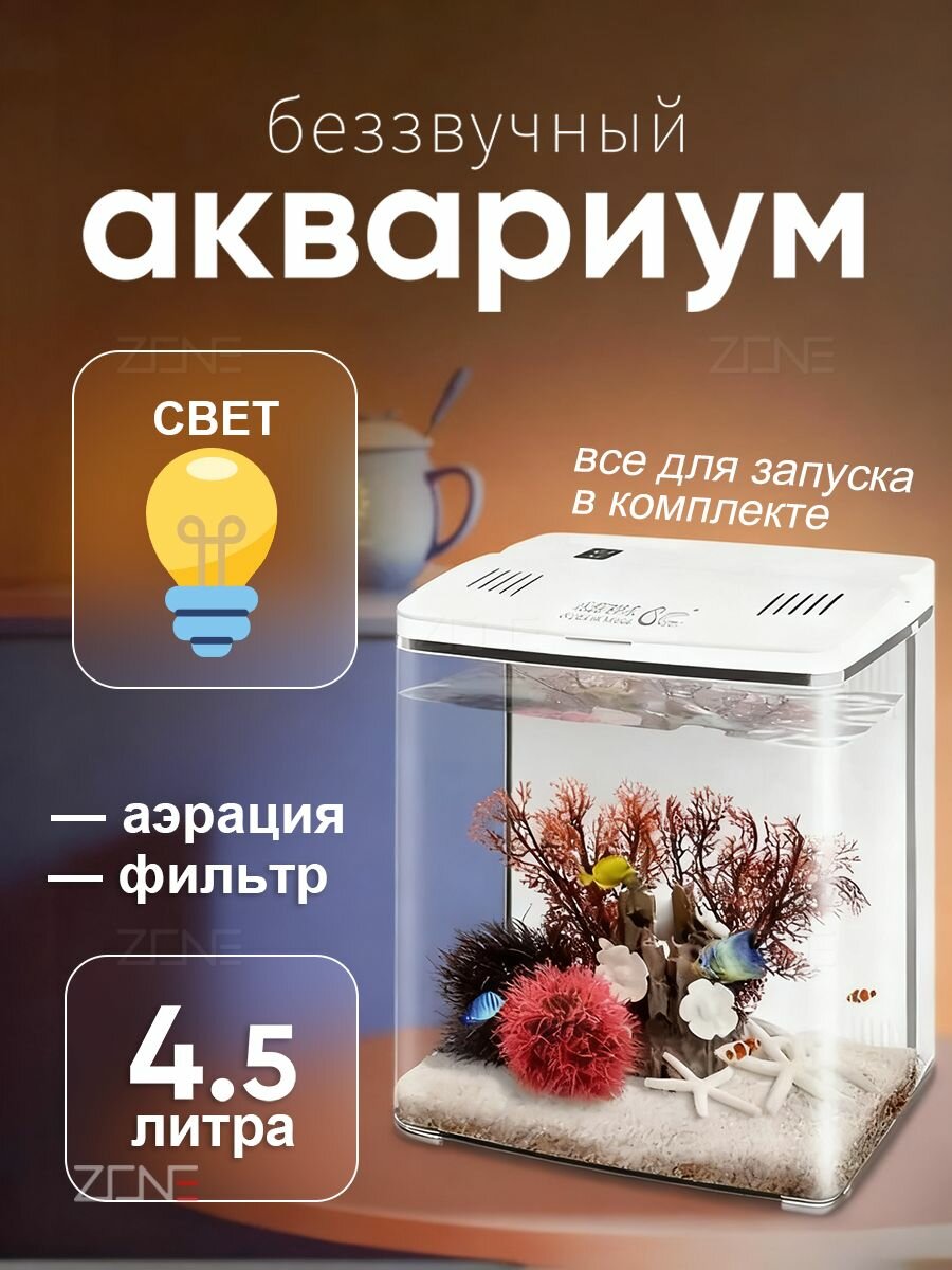 Аквариум ZNOE с LED-подсветкой и фильтром, 20 10 20 см идеальное решение для домашнего или офисного интерьера