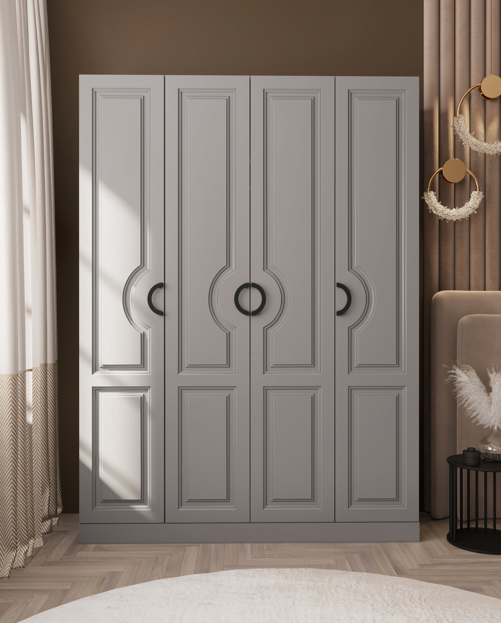 Шкаф распашной Surafasad "Ариадна", ЛДСП+МДФ, 4 секции, плавное закрывание, серый