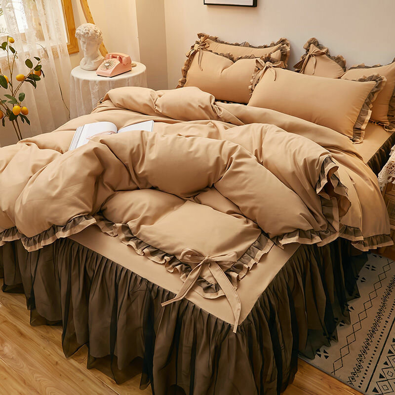 Комплект постельного белья в корейском стиле из четырех частей, покрывало с плотным начесом и нескользящим покрытием, комплект постельного белья в стиле принцессы с кружевными оборками,180*200cm