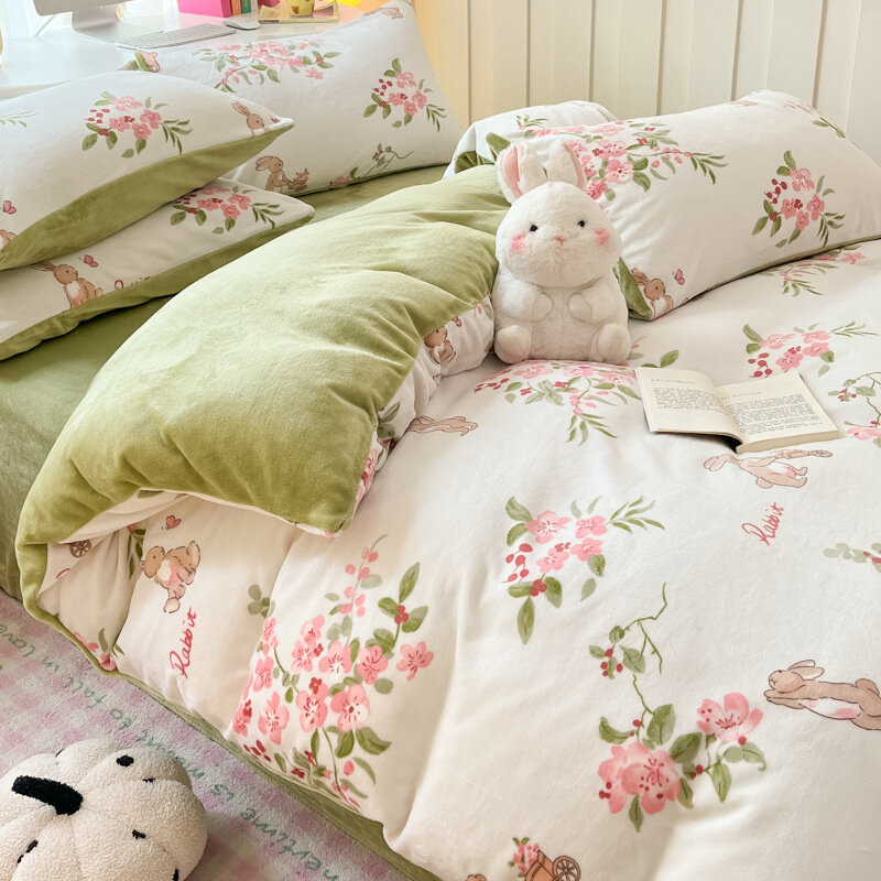 Свежий и элегантный комплект постельного белья из молочного флиса из четырех частей, зимний фланелевый пододеяльник из утолщенного молочного флиса, простыня, постельное белье для общежития,180*200cm