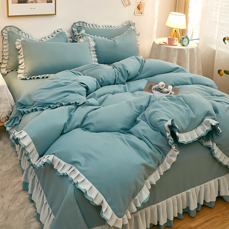 Комплект постельного белья из четырех частей в стиле принцессы, двухслойный однотонный пододеяльник с оборками в романтическом стиле, комплект постельного белья в корейском стиле,200*230cm