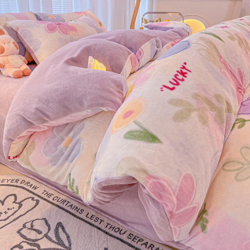 Зимний двухсторонний комплект постельного белья из молочного флиса из четырех частей, утолщенный и теплый пододеяльник из коралловой фланели, комплект простыней из трех частей для общежития,150*200cm