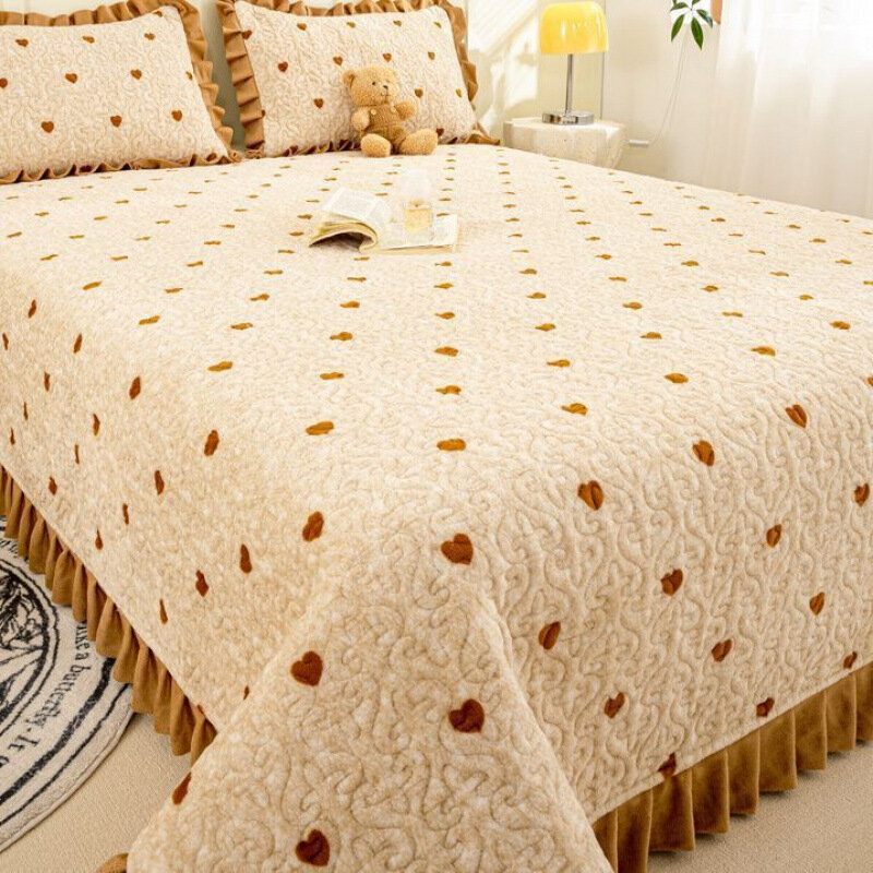 Комплект зимнего постельного белья из утолщенного молочного флиса (3 предмета), нескользящая стеганая простыня, подходит для любого сезона, как чехол для матраса и как базовый слой,250*230cm