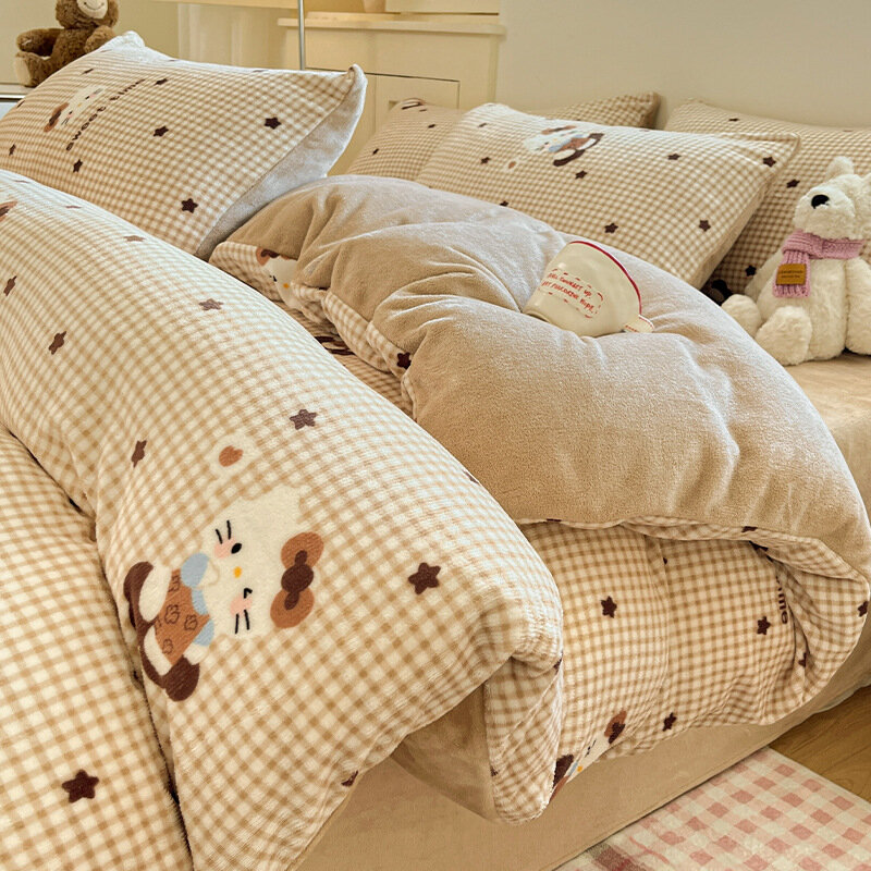 Комплект постельного белья из молочного флиса (4 предмета), простыни и пододеяльник из утолщенного кораллового флиса, зимний флисовый пододеяльник из трех предметов,200*230cm