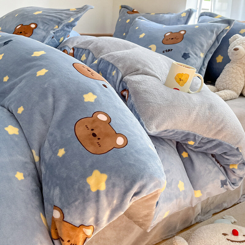 Зимний комплект постельного белья из флиса кораллового цвета из четырех предметов (класс А, пододеяльник из молочного флиса, утолщенное фланелевое постельное белье, простыни и пододеяльники на флисовой подкладке),150*200cm