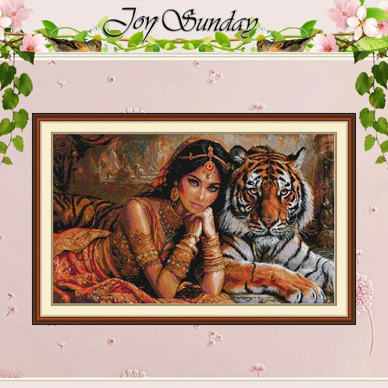 Набор для вышивки крестом Joy Sunday "Индийская красота и тигры" 16CT HD printed
