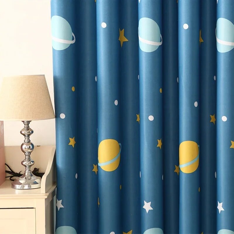 Синие шторы с принтом планеты из полиэстера 4 Rod Pocket, 1 pcs W300 X H260cm, Cloth