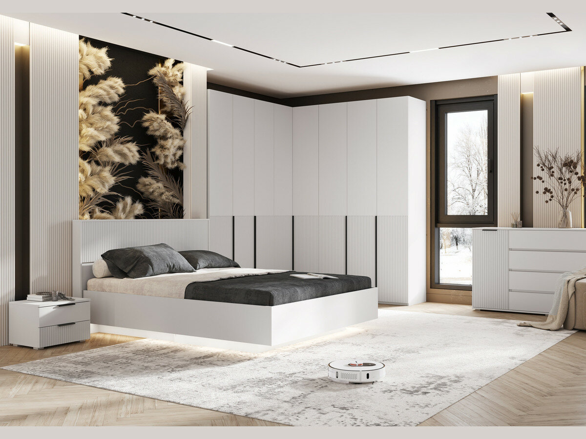 Модульная спальня с фрезеровочными фасадами, Белый/Браш вайт