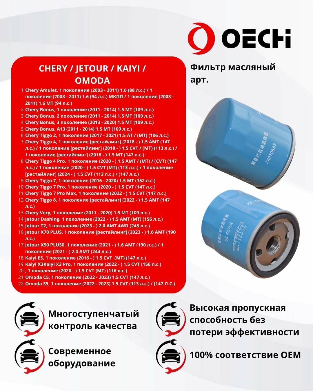 Фильтр масляный CHERY TIGGO 7 / OMODA C5 арт. OE11016