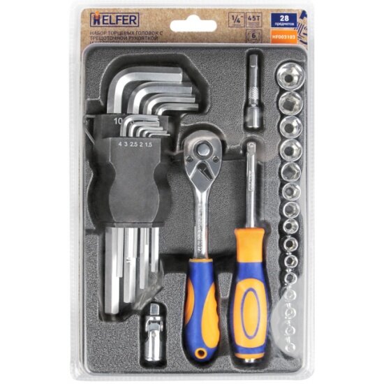 Набор торцевых головок Helfer HF003103 1/4"Dr с трещоточной рукояткой, 28 предметов