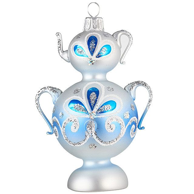 Стеклянная елочная игрушка Самоварчик Ажурный 11 см синяя, подвеска, Фабрика Елочка, С2357-син
