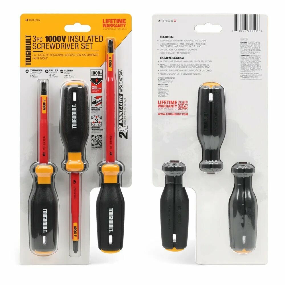 TOUGHBUILT Комплект изолированных отверток VDE (3 шт.) TB-H5S3-N прошел немецкий тест VDE для высокого напряжения для монтажа/ремонта электрооборудования