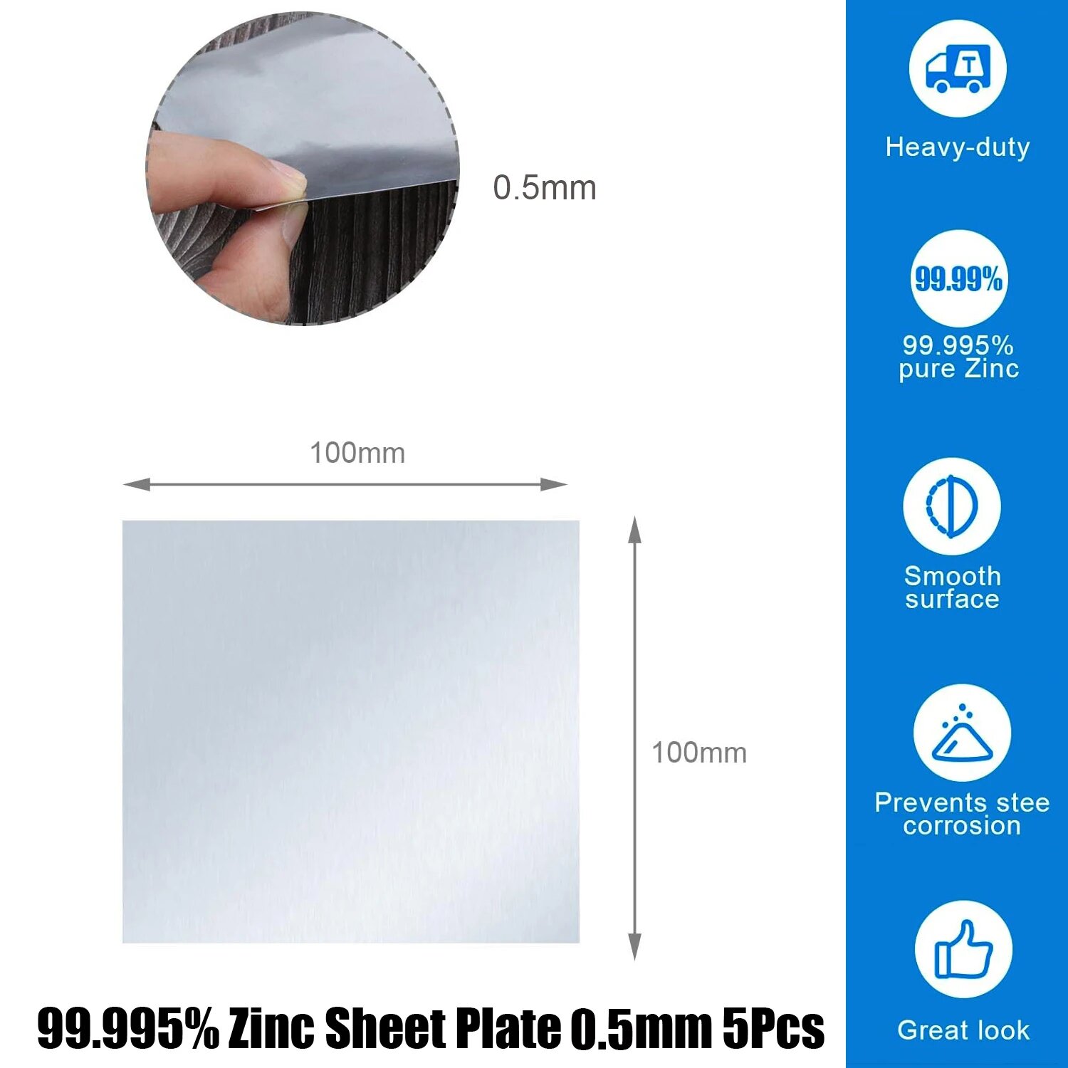 Листы чистого цинка 5 шт, 100x100 мм, 0.2-0.8 мм 0.5x100x100mm 5pcs